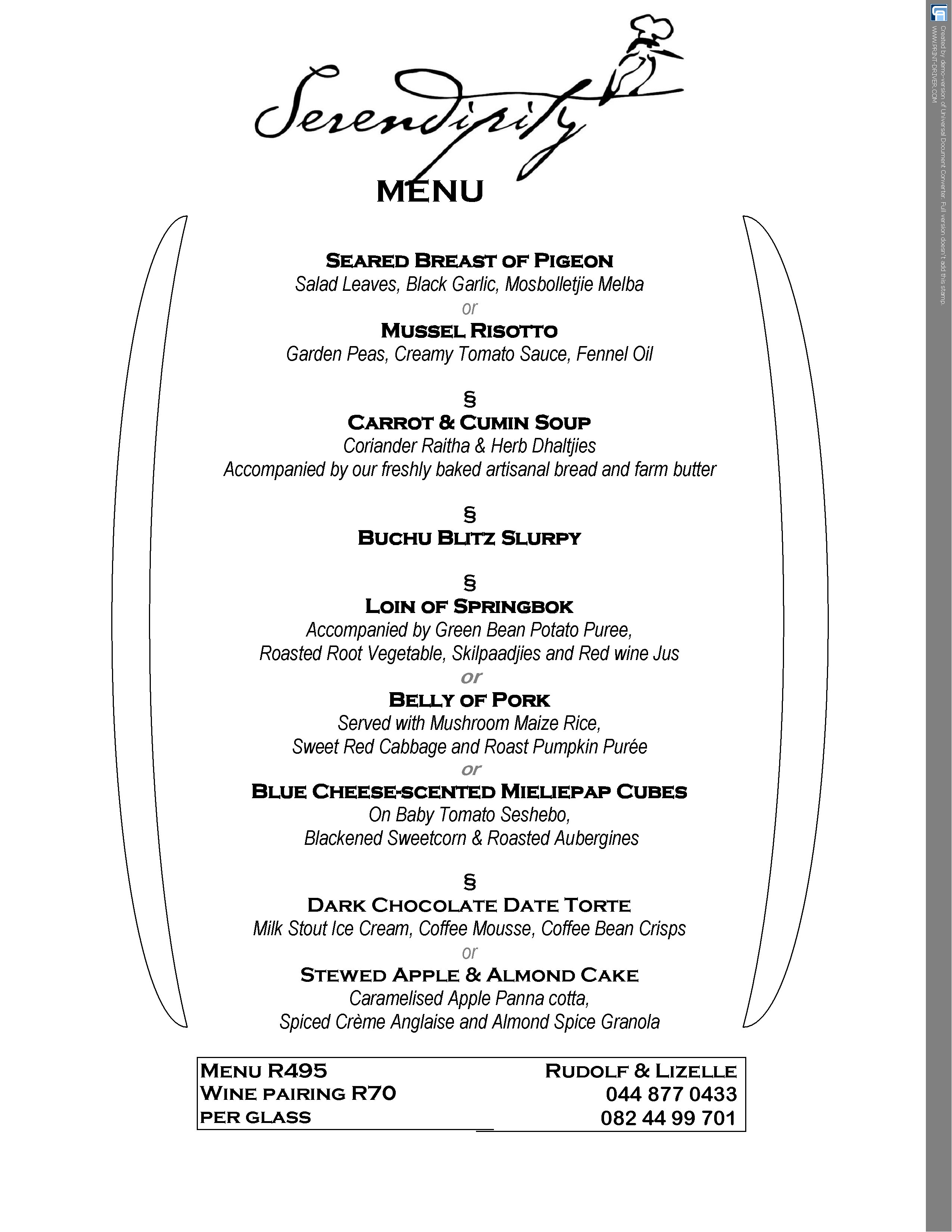 Menu August 2017 – Serendipity Restaurant Luxury Guest House ...